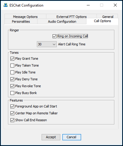 PC Client Configuration Menu Options – ESChat